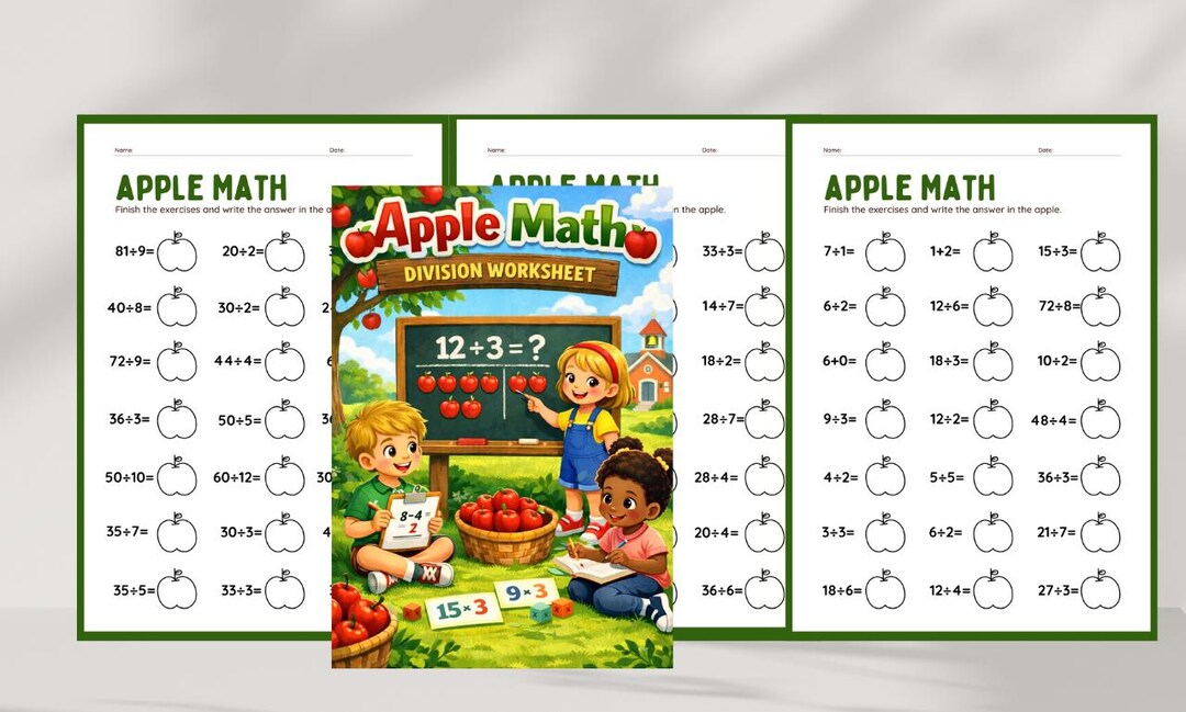 Apple Math Division Worksheet, Printable Math Division Worksheets, Kids ...