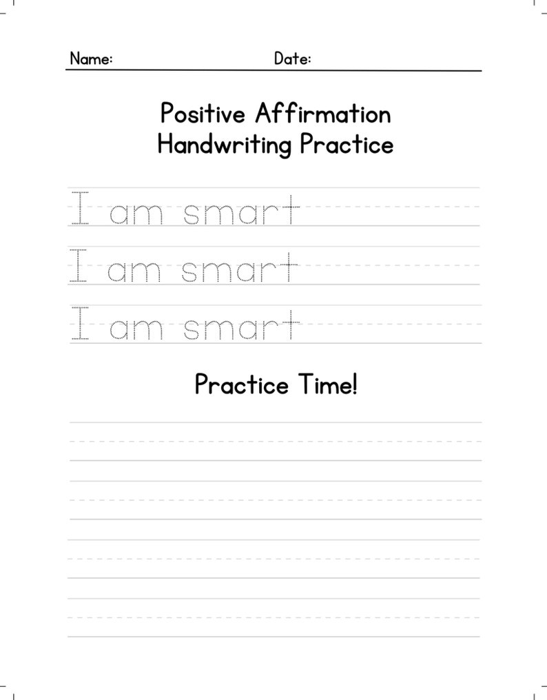 Positive Affirmations Handwriting Practice – 50 Page Workbook (instant ...