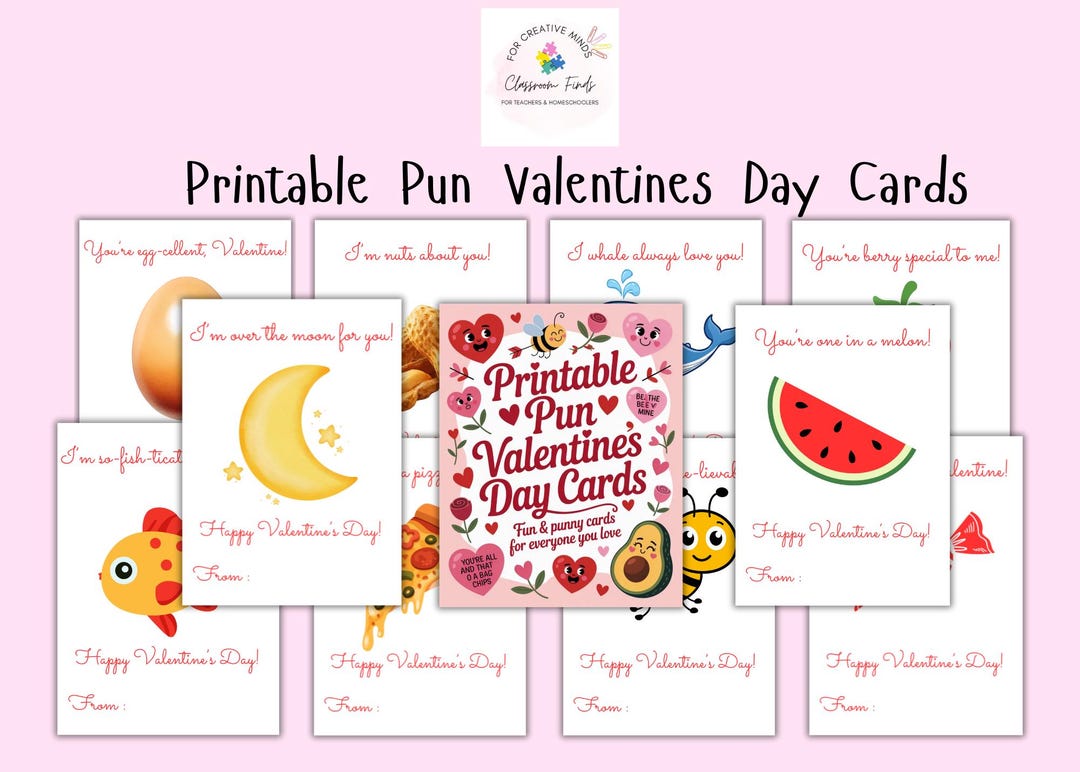 12 Printable Pun Valentines Day Cards, Classroom Valentine's Day Cards ...
