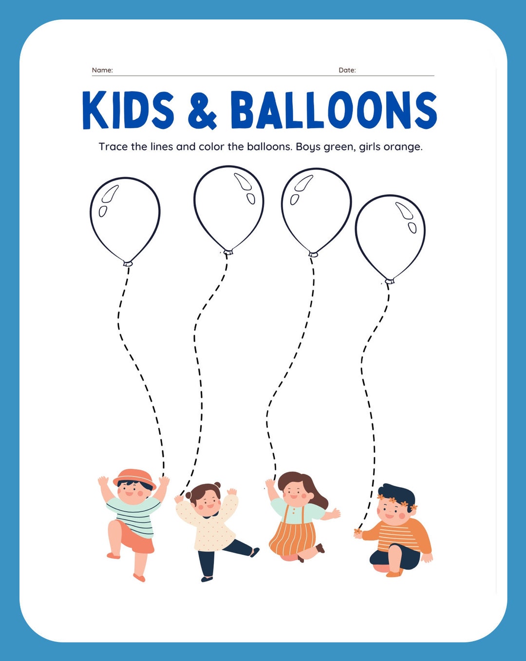 Kids & Balloon Tracing and Coloring Activity - Fun Printable Worksheet ...