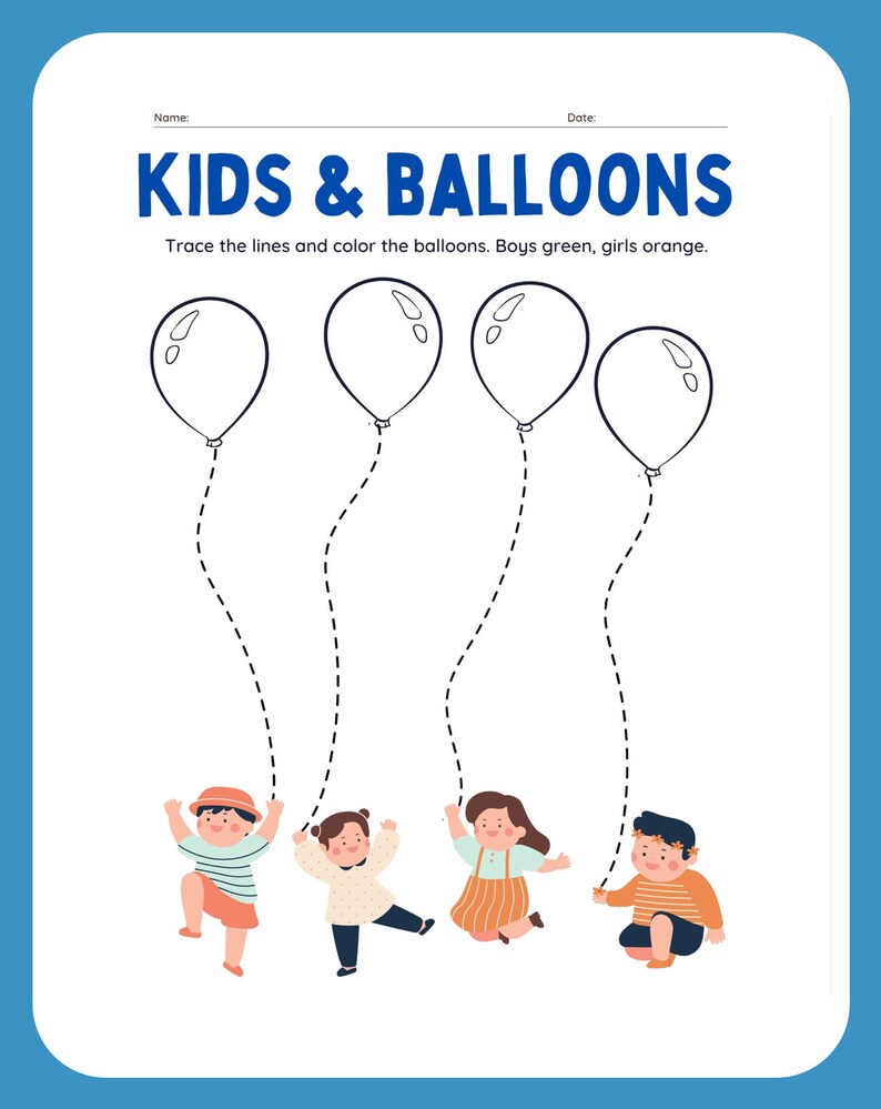 Kids & Balloon Tracing and Coloring Activity - Fun Printable Worksheet ...