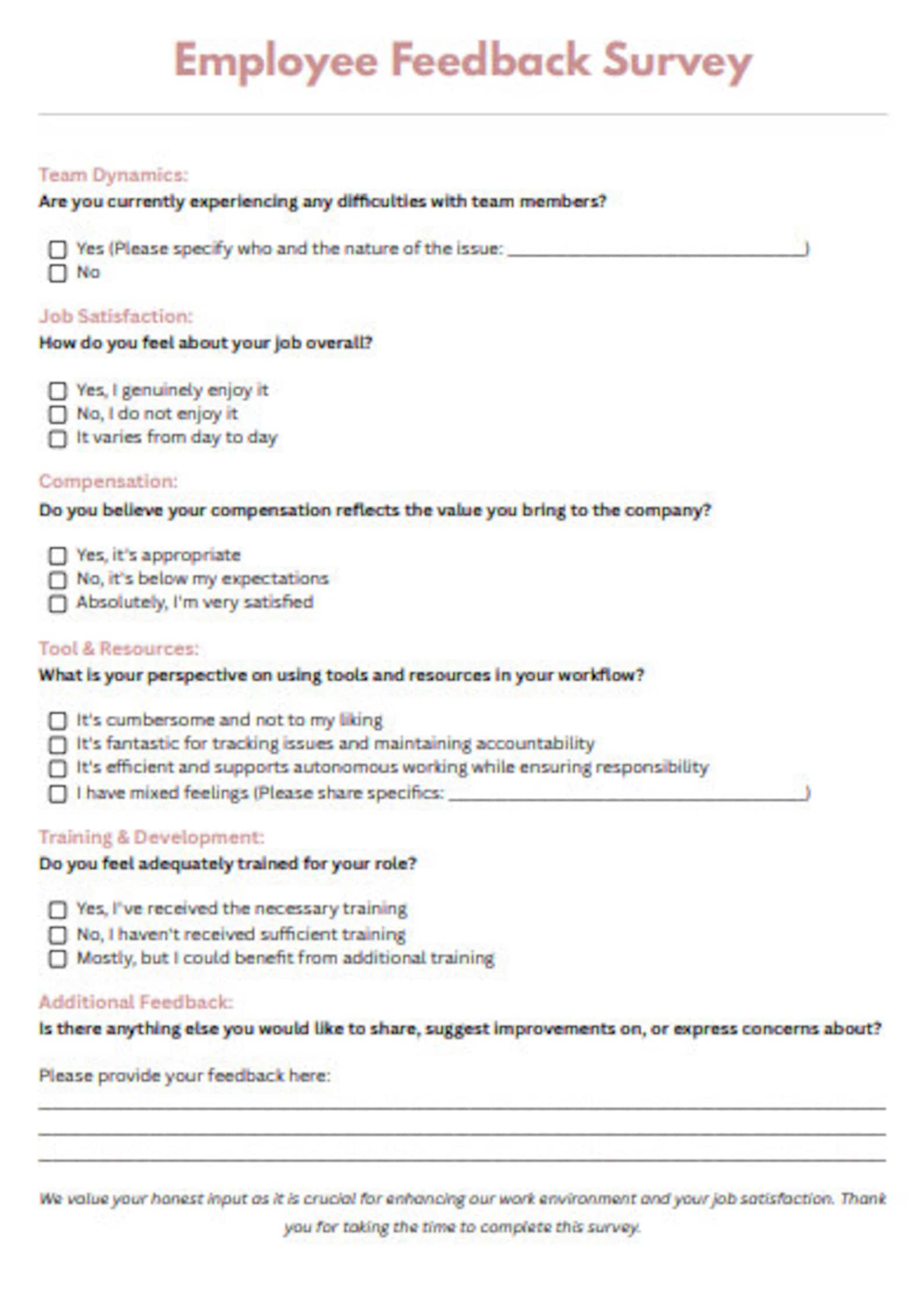 Employee Feedback Survey (printable, Customizable & Editable) - Etsy