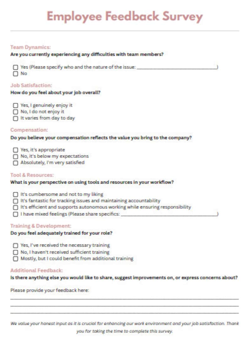 Employee Feedback Survey (printable, Customizable & Editable) - Etsy