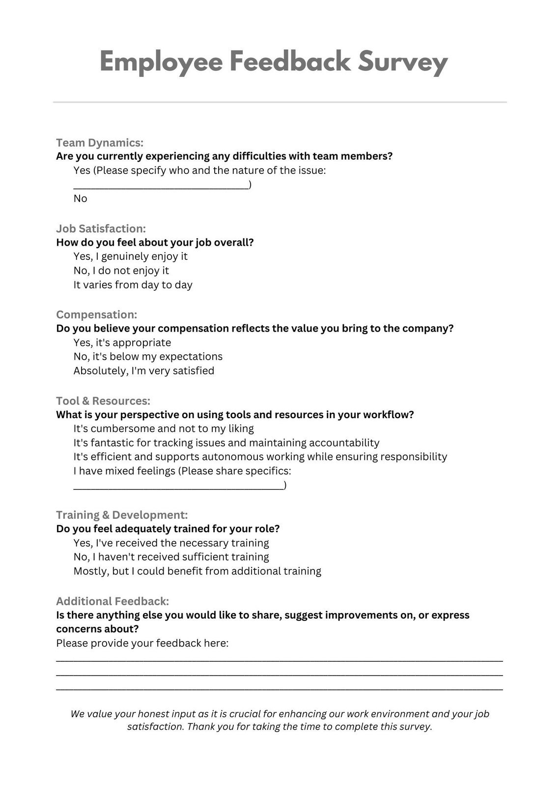 Employee Feedback Survey (printable, Customizable & Editable) - Etsy