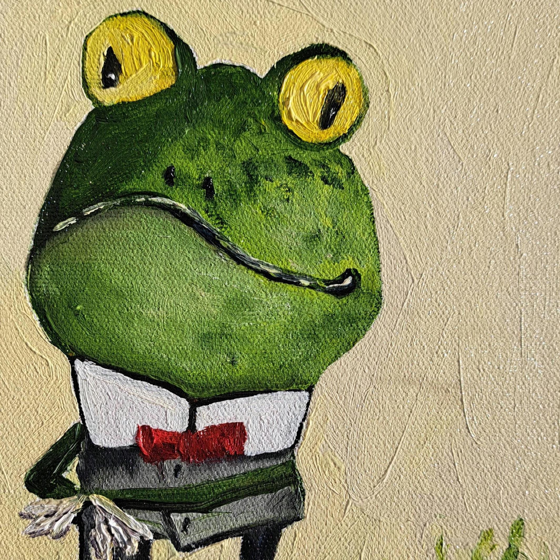 Frog With a Cane Funny Animal Green Brown White Small Picture Oil Paint ...