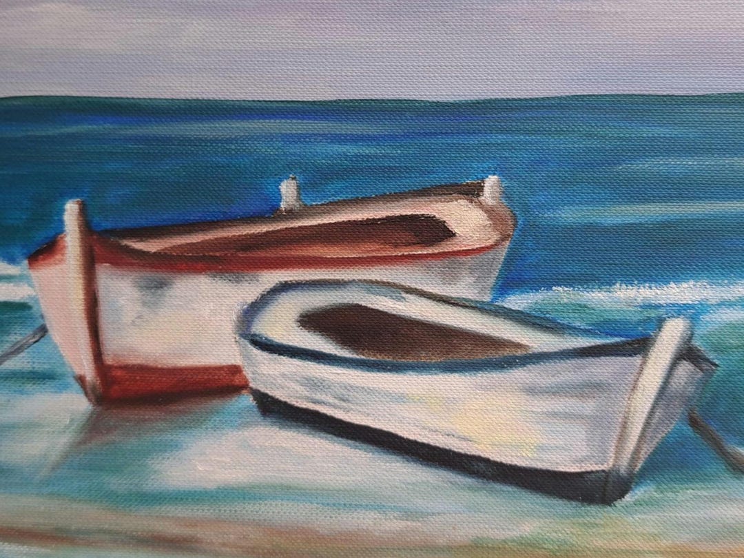 Fishing Boats on the Shore Blue White Grey See Fishing ART Oil Painting ...