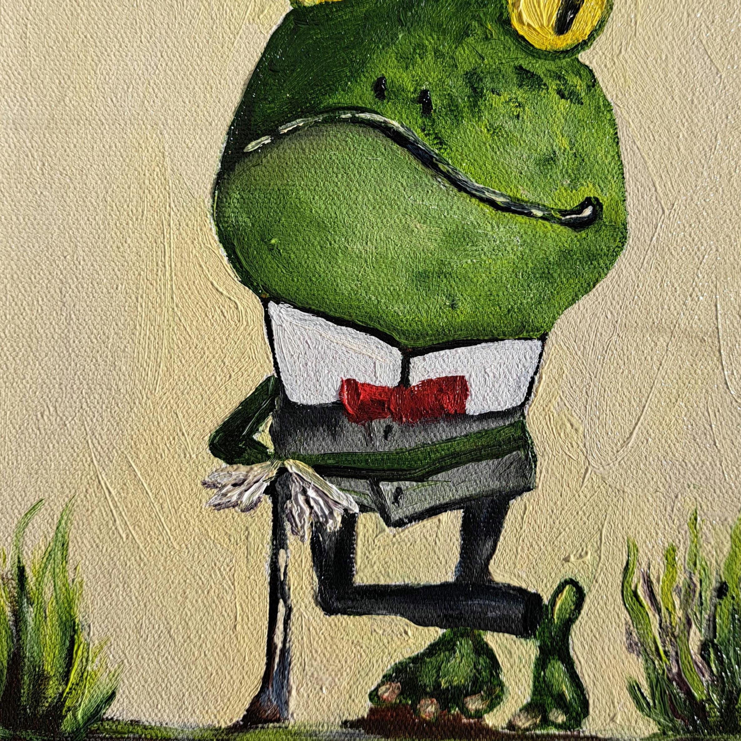 Frog With a Cane Funny Animal Green Brown White Small Picture Oil Paint ...