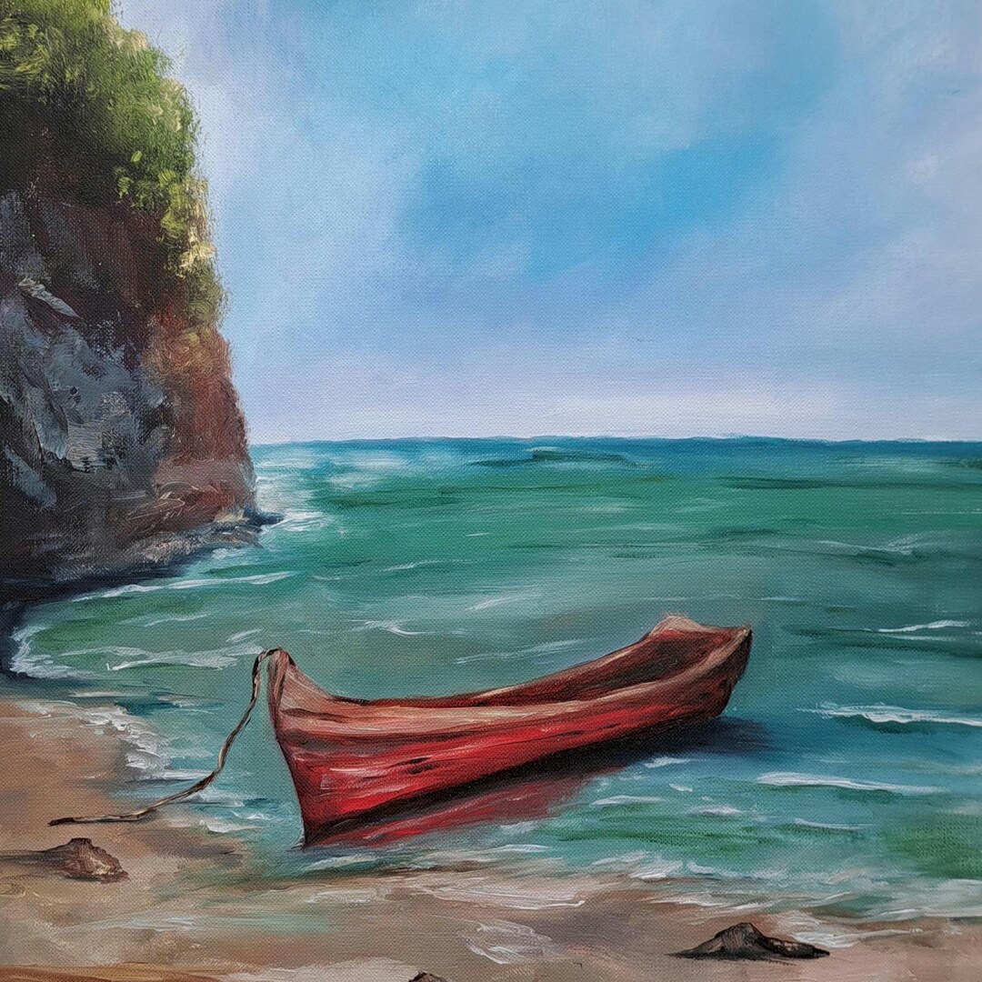 Art Landscape Blue Brown Boat on the Shore See Gift Oil Paint Small ...