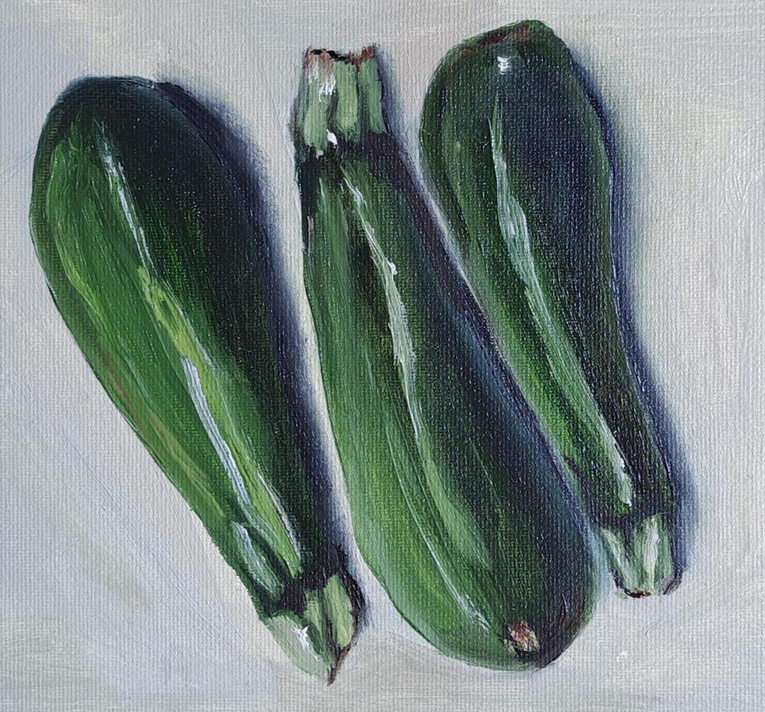 Green Zucchini Vegetable Small Picture Oil Painting Miniature Home Wall ...