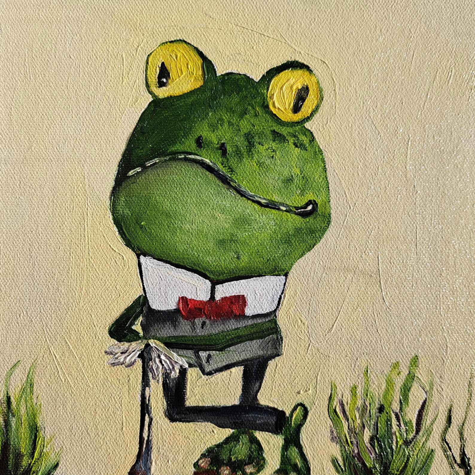 Frog With a Cane Funny Animal Green Brown White Small Picture Gift Oil ...