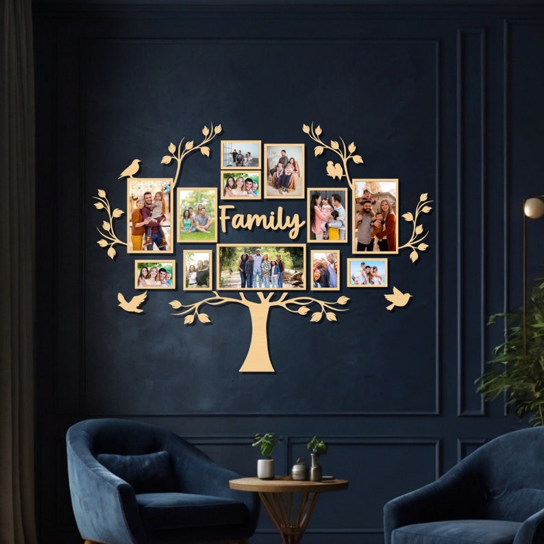 Wooden Family Tree Photo Collage Wall Decor, Living Room Wooden Wall ...