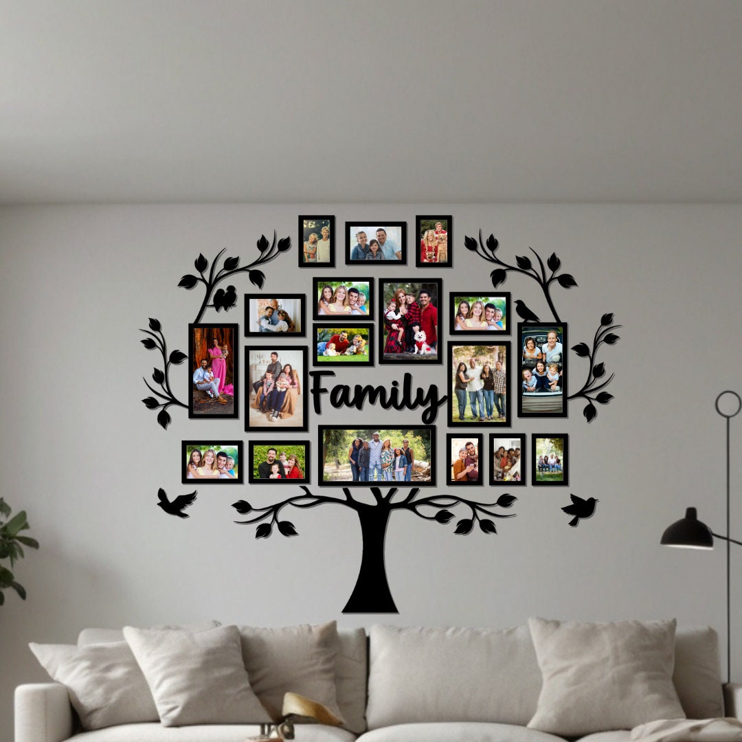 Wooden Family Tree Photo Collage Wall Decor, Living Room Wooden Wall ...