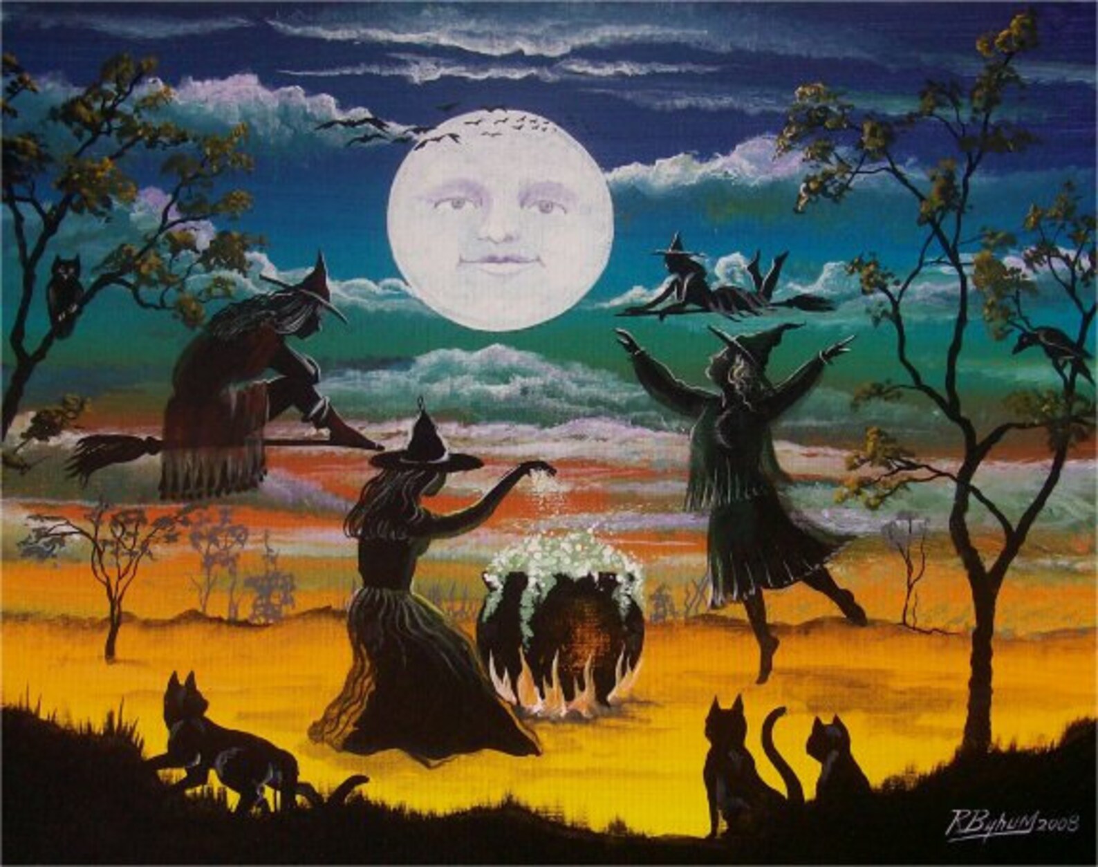 Witches Folk Art Unique Fantasy PRINT evening - Etsy