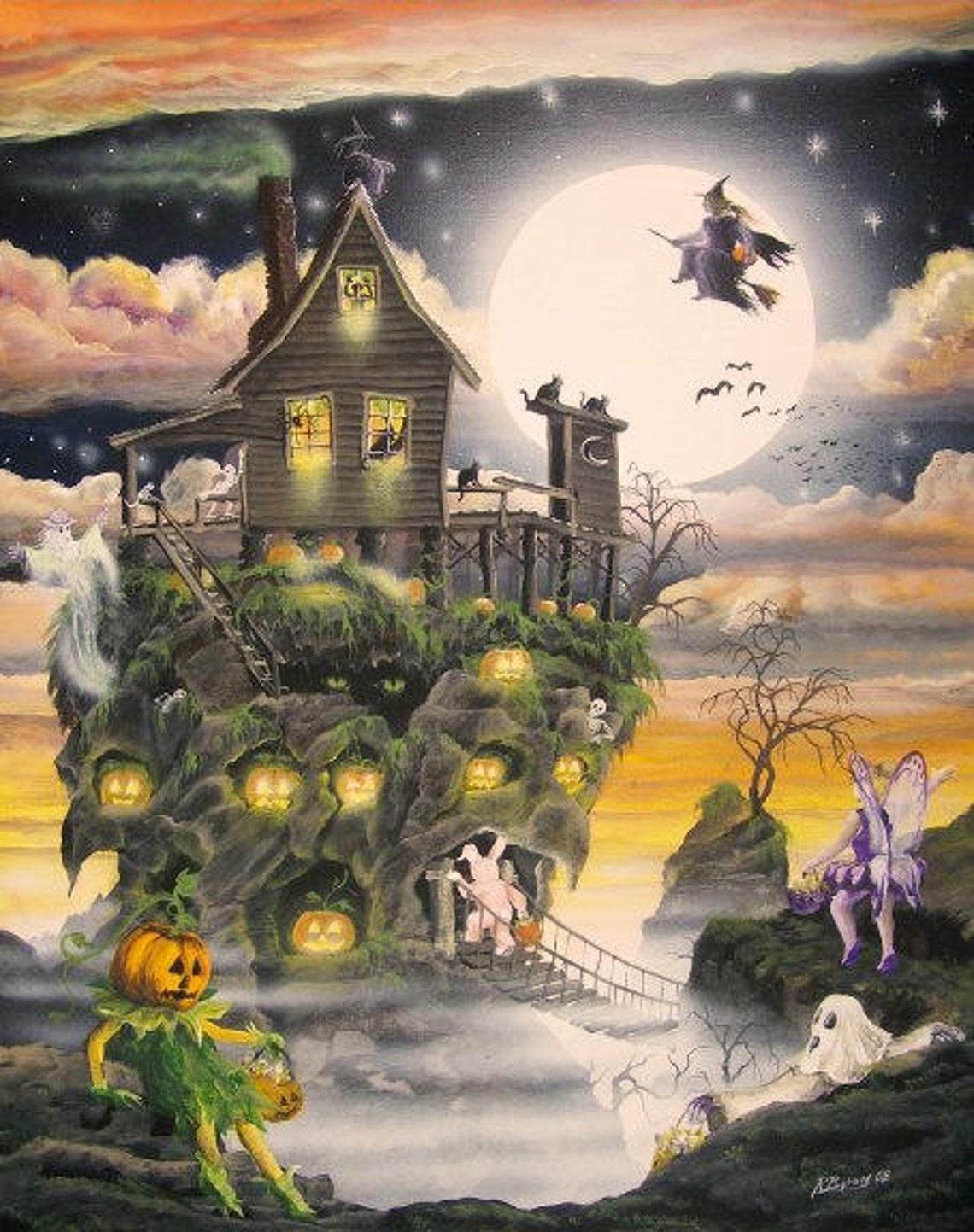 Folk Art Halloween Haunted House PRINT haunted Swamp - Etsy