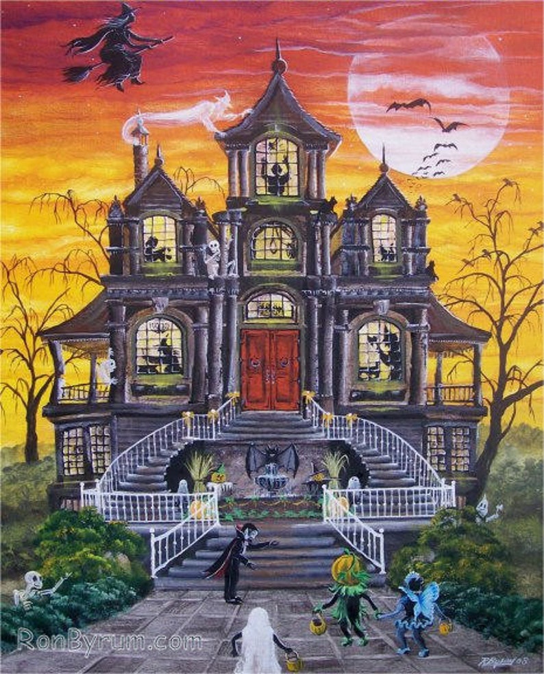 Halloween Folk Art Haunted House WITCHES PRINT haunted - Etsy