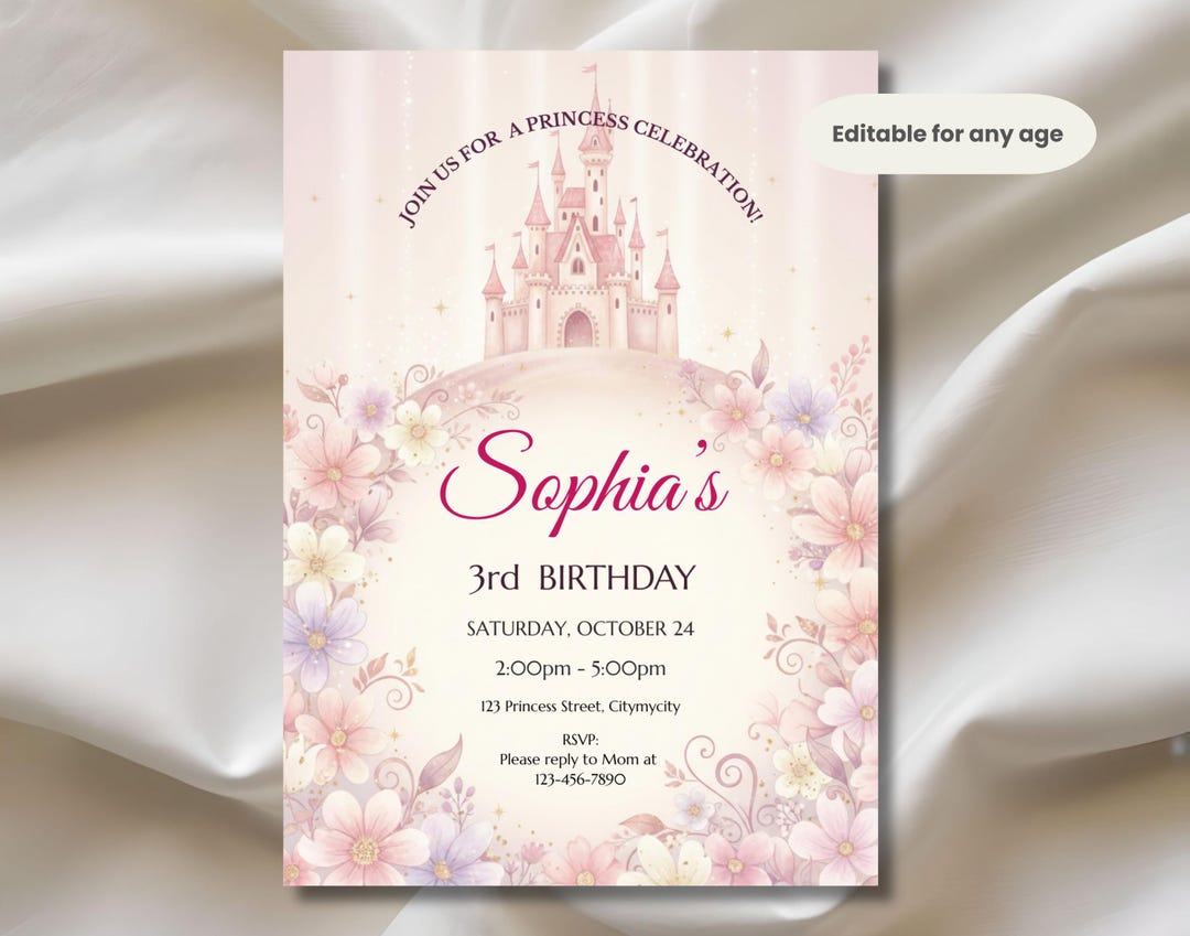 Princess 3rd Birthday Invitation | Editable Girl Party Invite | Floral ...