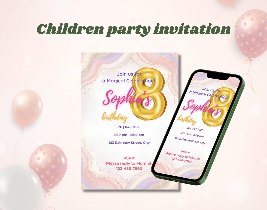 8th Birthday Invite | Girl Party Template | Editable Canva Design ...