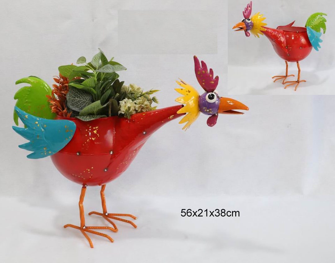 Metal Red Rooster Planter, Round Flower Pot Garden Decor Patio and Lawn ...