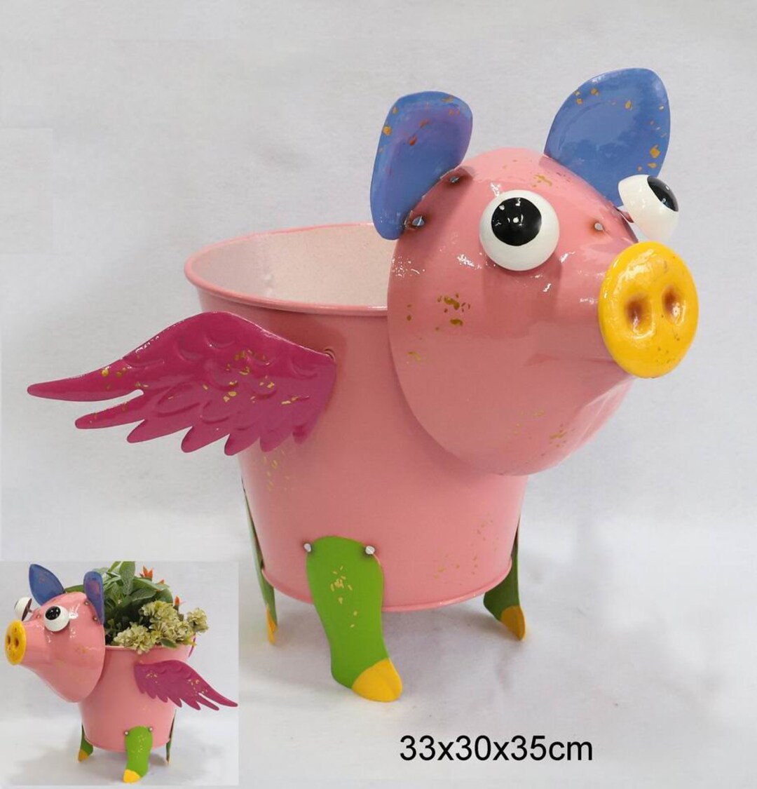 Pink Flying Pig Metal Animal Planter Flower Pot Garden Decoration ...