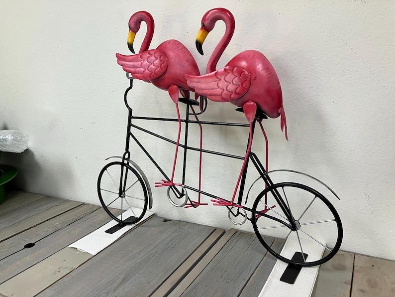 Two Pink Flamingos Riding a Bicycle Outdoor Garden Statue Yard Art ...