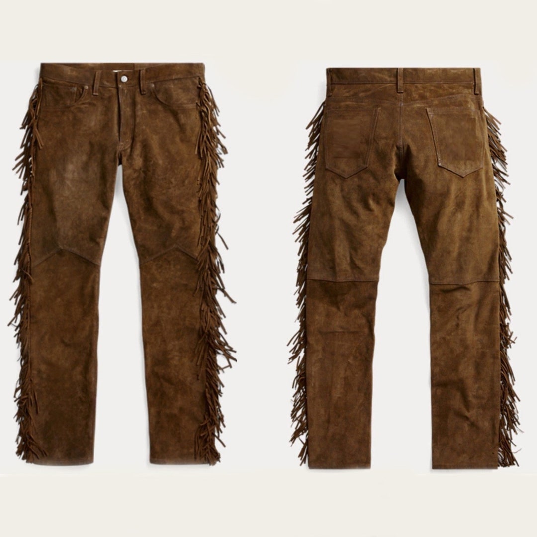Men Native American Western Cowboy Leather Pants Full Leg Fringe Suede ...