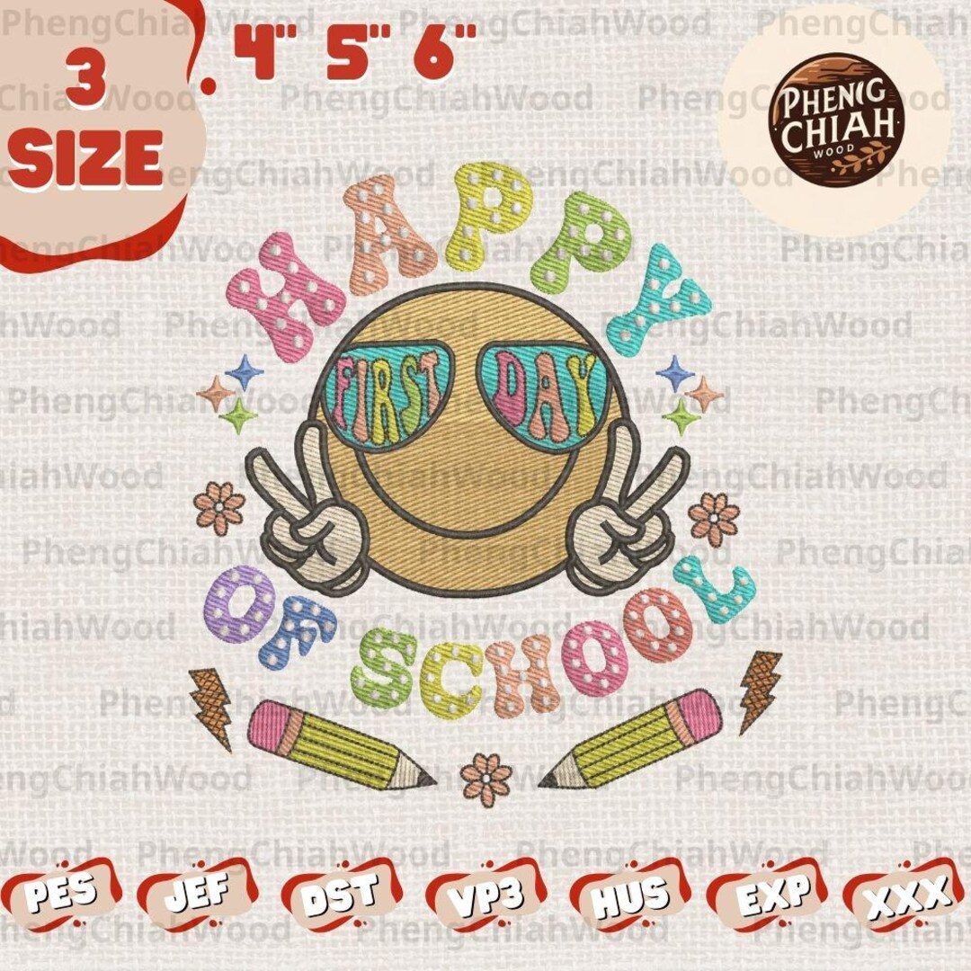 Retro Smiley Face Design, Happy First Day of School Embroidery Design ...
