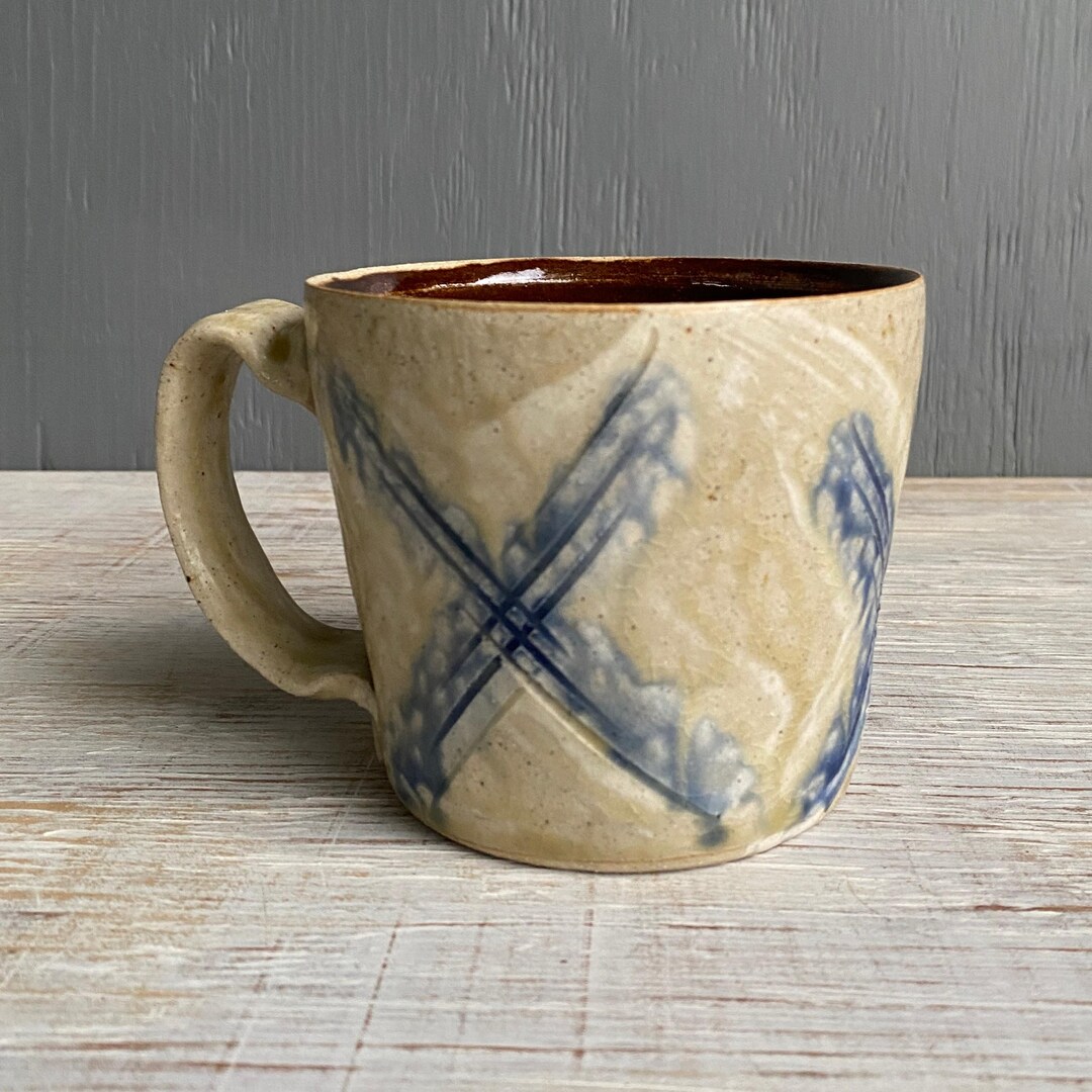 Tan Mug With Blue X's and Black Liner Glaze - Etsy