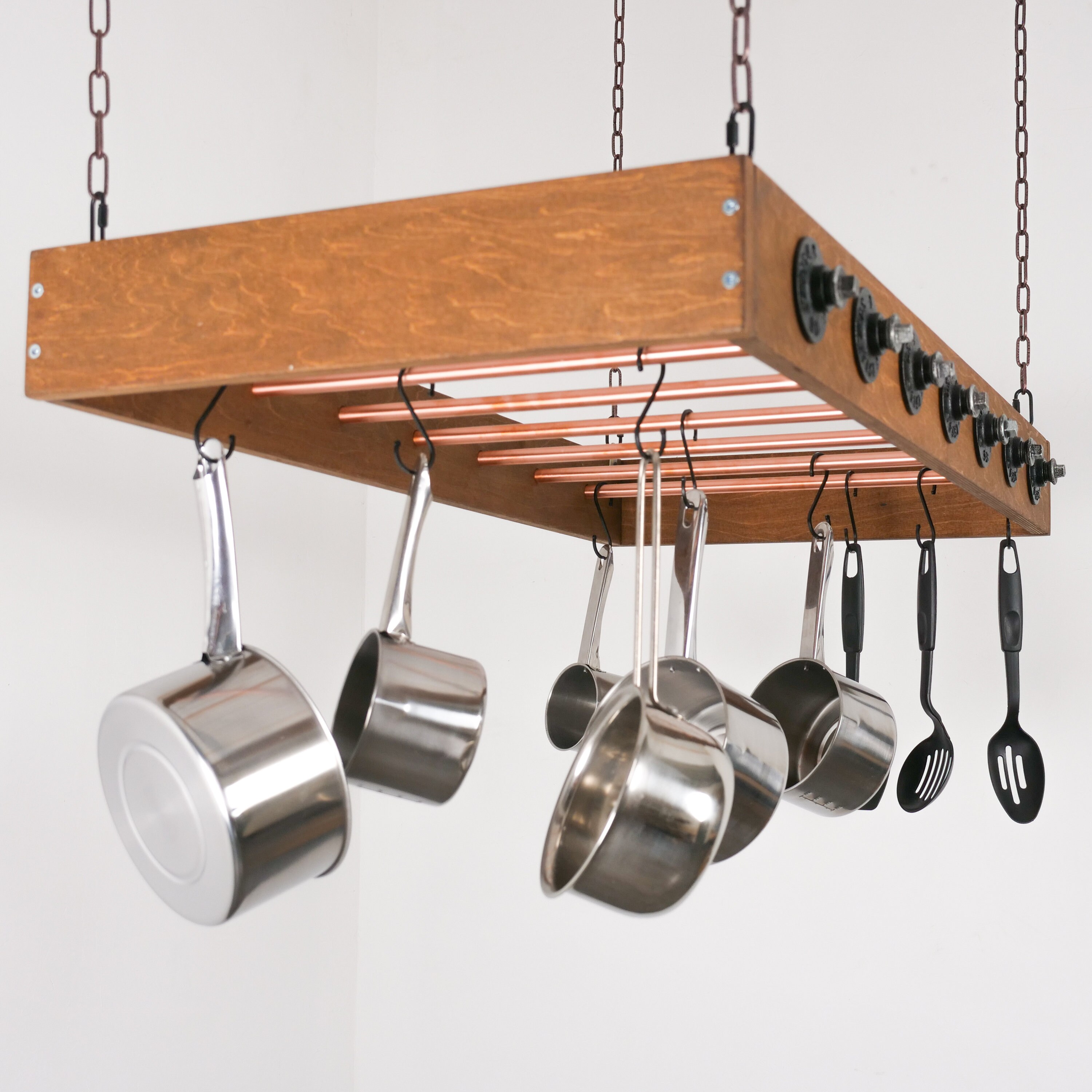 Farmhouse Pot Rack Ceiling Ladder Pot Rack Wood & Copper Hanging Pot ...