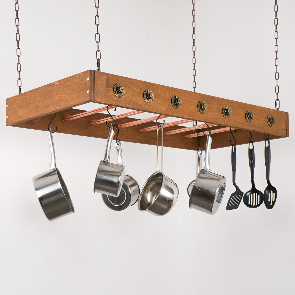 Rustic Pot Rack Ceiling Wood & Copper Hanging Pot Rack 40 X 20 Inches ...