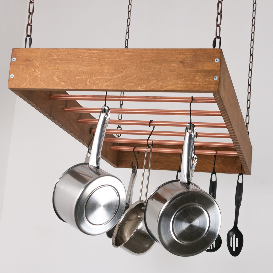 Ceiling Pot Rack Farmhouse Ladder Pot Rack Wood & Copper Hanging Pot ...