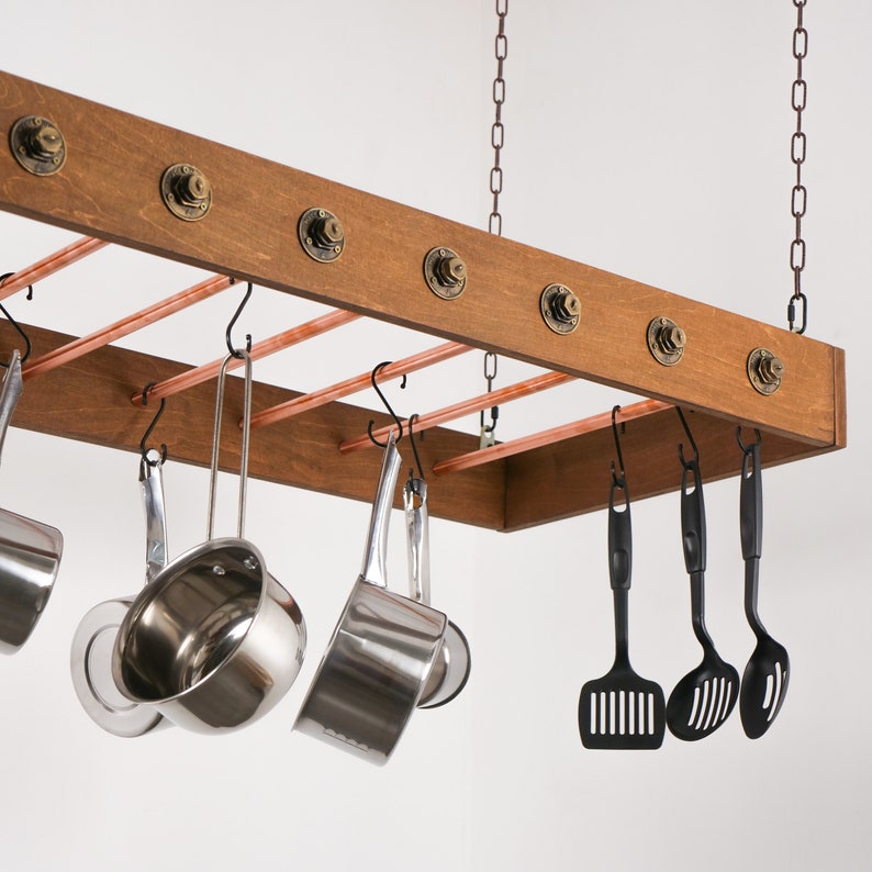 Rustic Pot Rack Ceiling Wood & Copper Hanging Pot Rack 40 X 20 Inches ...