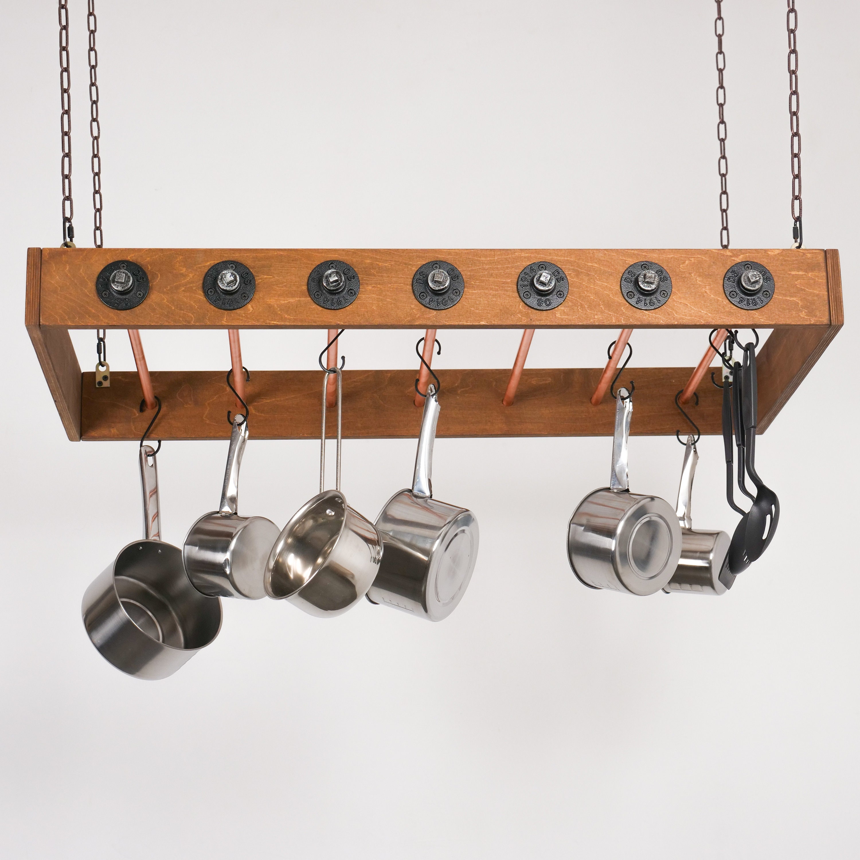 Farmhouse Pot Rack Ceiling Ladder Pot Rack Wood & Copper Hanging Pot ...