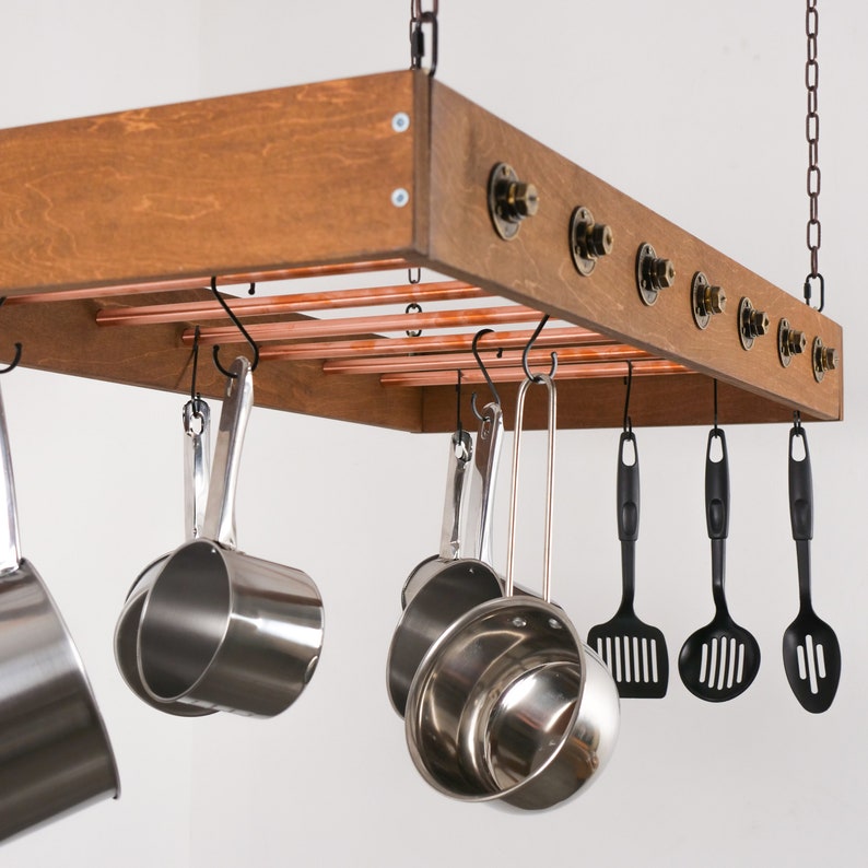Rustic Pot Rack Ceiling Wood & Copper Hanging Pot Rack 40 X 20 Inches ...
