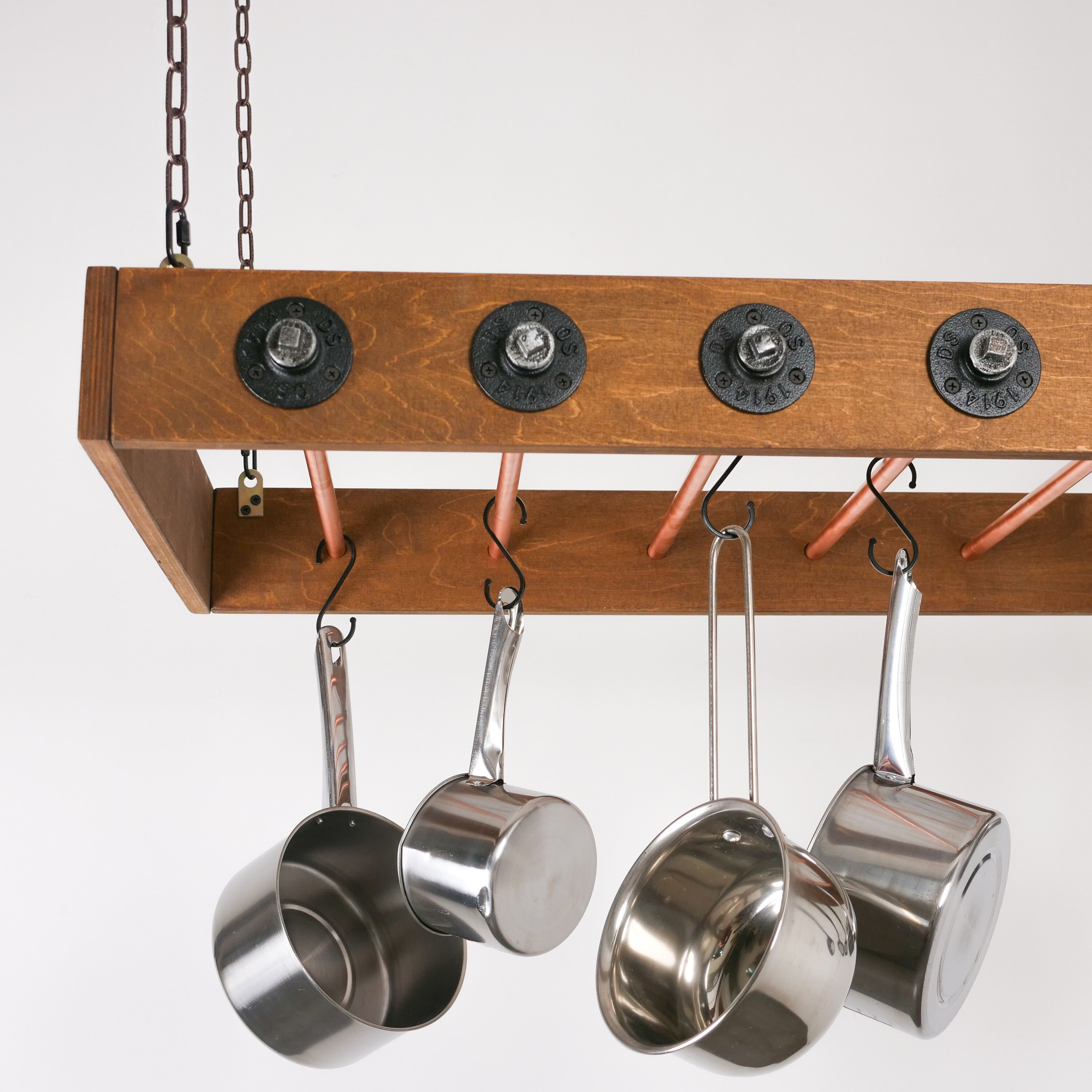 Farmhouse Pot Rack Ceiling Ladder Pot Rack Wood & Copper Hanging Pot ...
