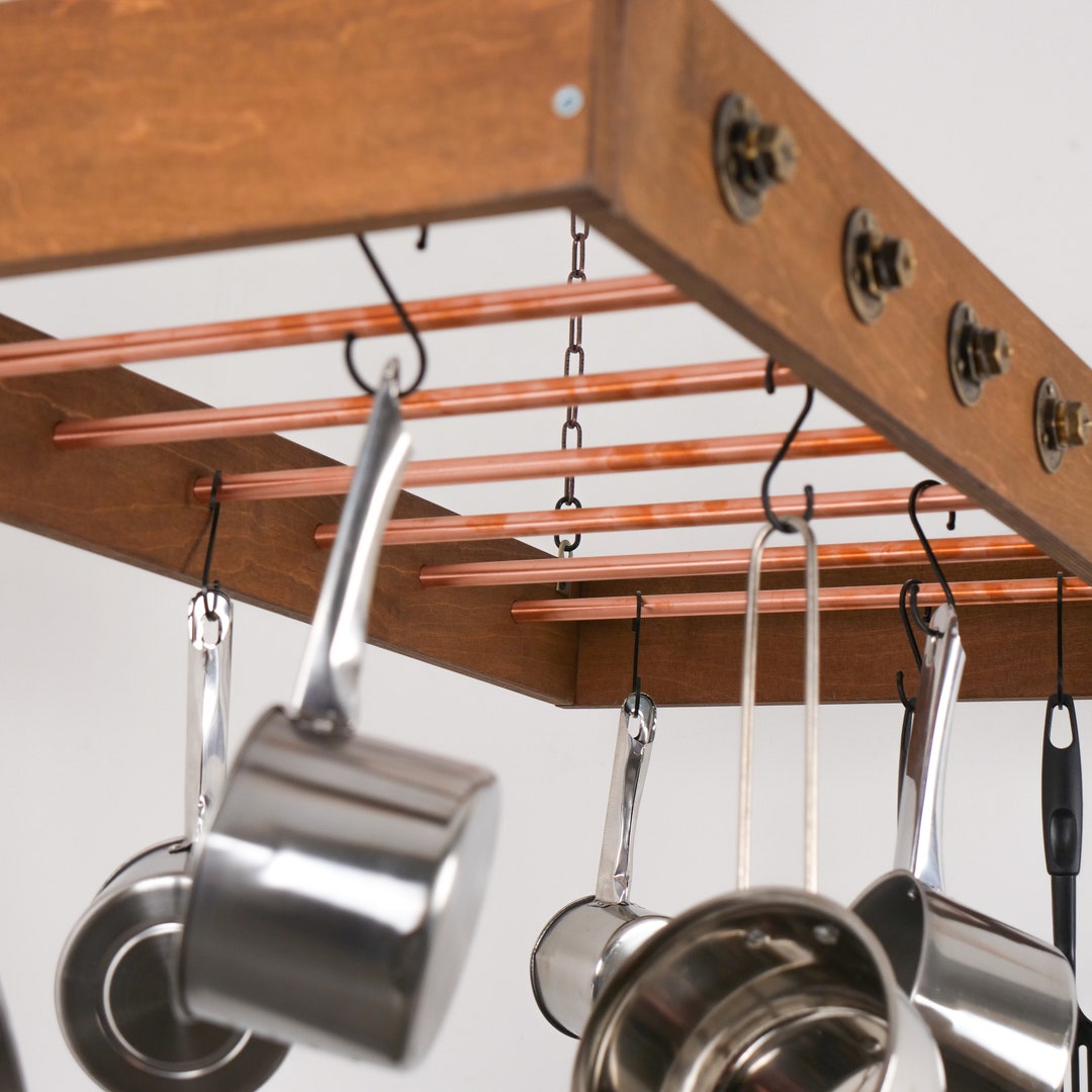 Rustic Pot Rack Ceiling Wood & Copper Hanging Pot Rack 40 X 20 Inches ...