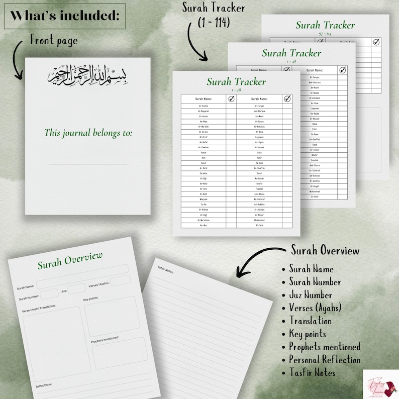 Quran Journal, Quran Tracker, Quran Study & Reflection, Printable PDF ...