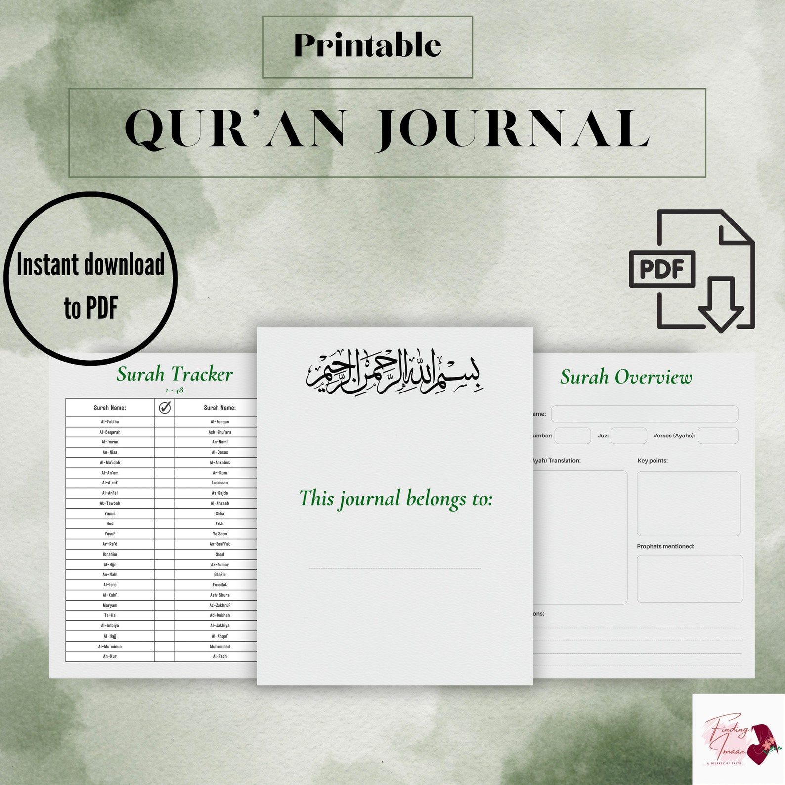 Quran Journal, Quran Tracker, Quran Study & Reflection, Printable PDF ...