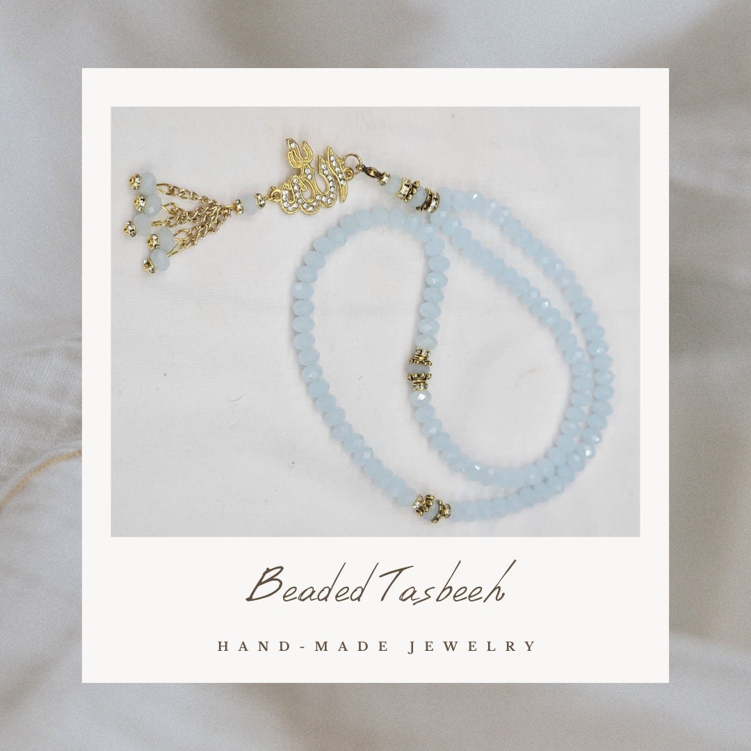 Crystal Light Blue Gold Allah Beaded Islamic Tasbeeh Praying Prayer ...