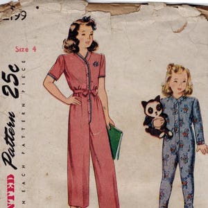 1940s Vintage Sewing Pattern Simplicity 2199 Childs One Piece Pajamas ...