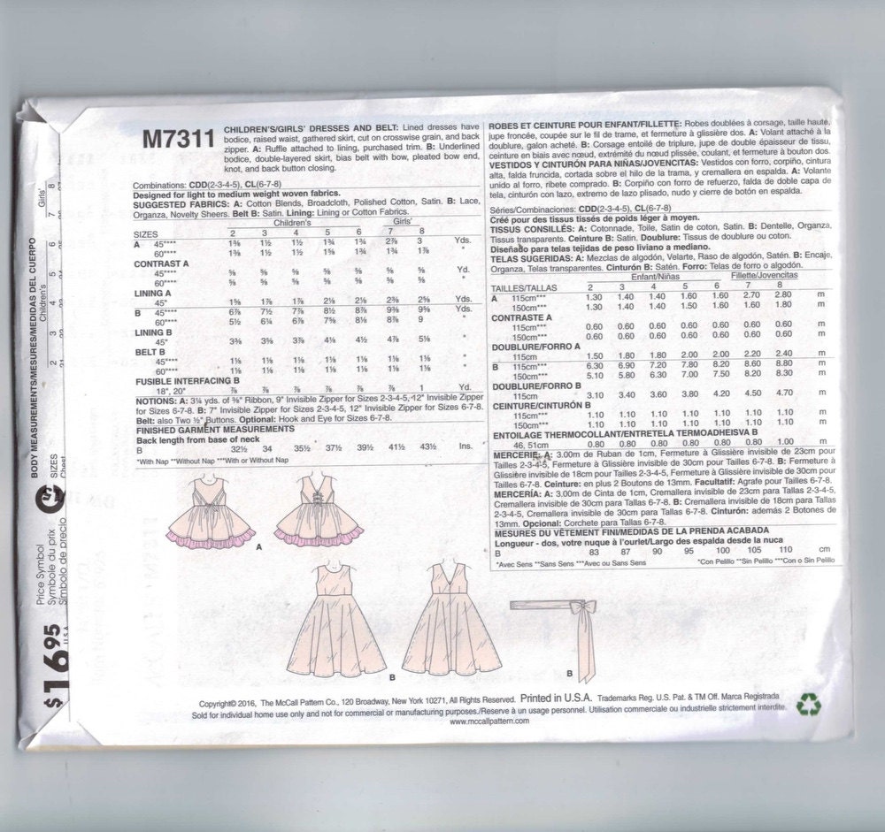 Girls Sewing Pattern Mccalls M7311 7311 Girls Full Skirt Party Dress ...