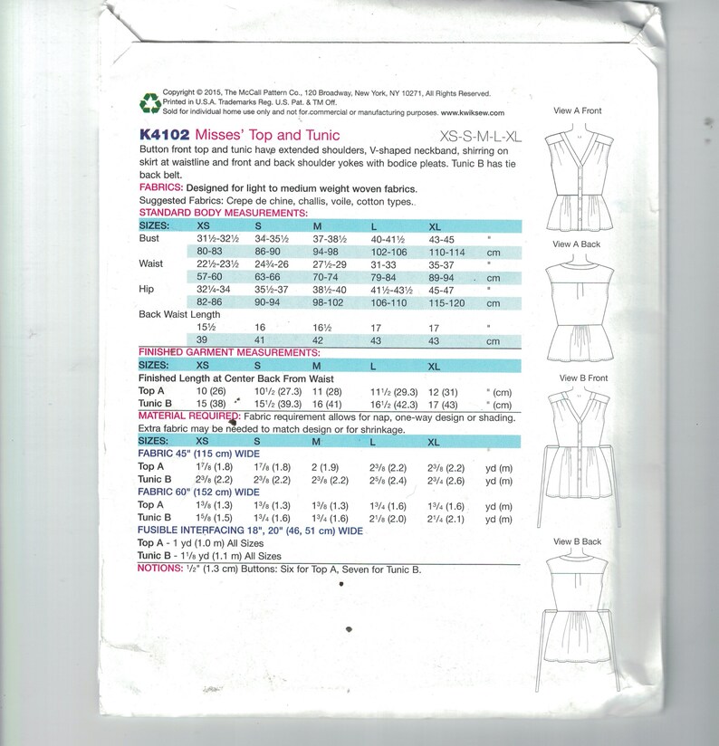 Misses Sewing Pattern Kwik Sew K4108 4108 Misses Button Front | Etsy