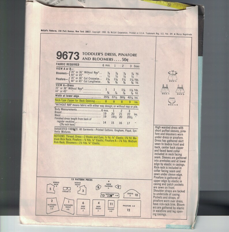 1960s Vintage Sewing Pattern Mccalls 9673 Girls Dress Pinafore | Etsy