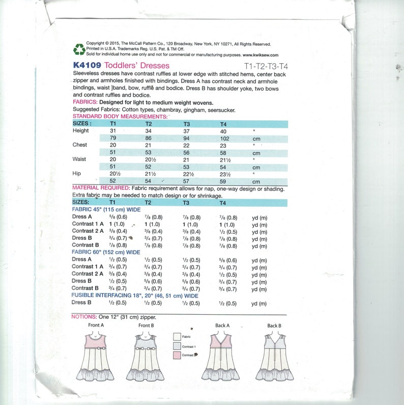 Girls Sewing Pattern Kwik Sew K4109 4109 Toddlers Dresses | Etsy