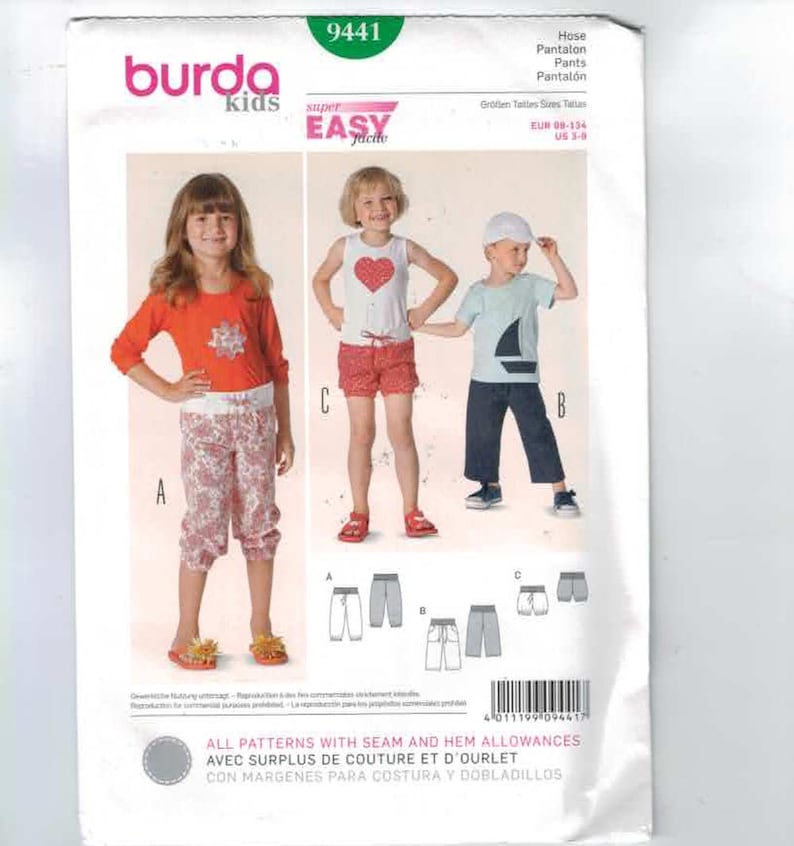 Kids Sewing Pattern Burda 9441 Girls Boys Kids Easy Cargo | Etsy