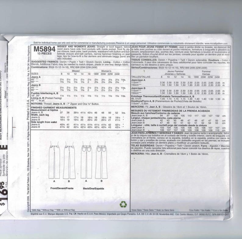Misses Sewing Pattern Mccalls M5894 5894 the Perfect Jean - Etsy
