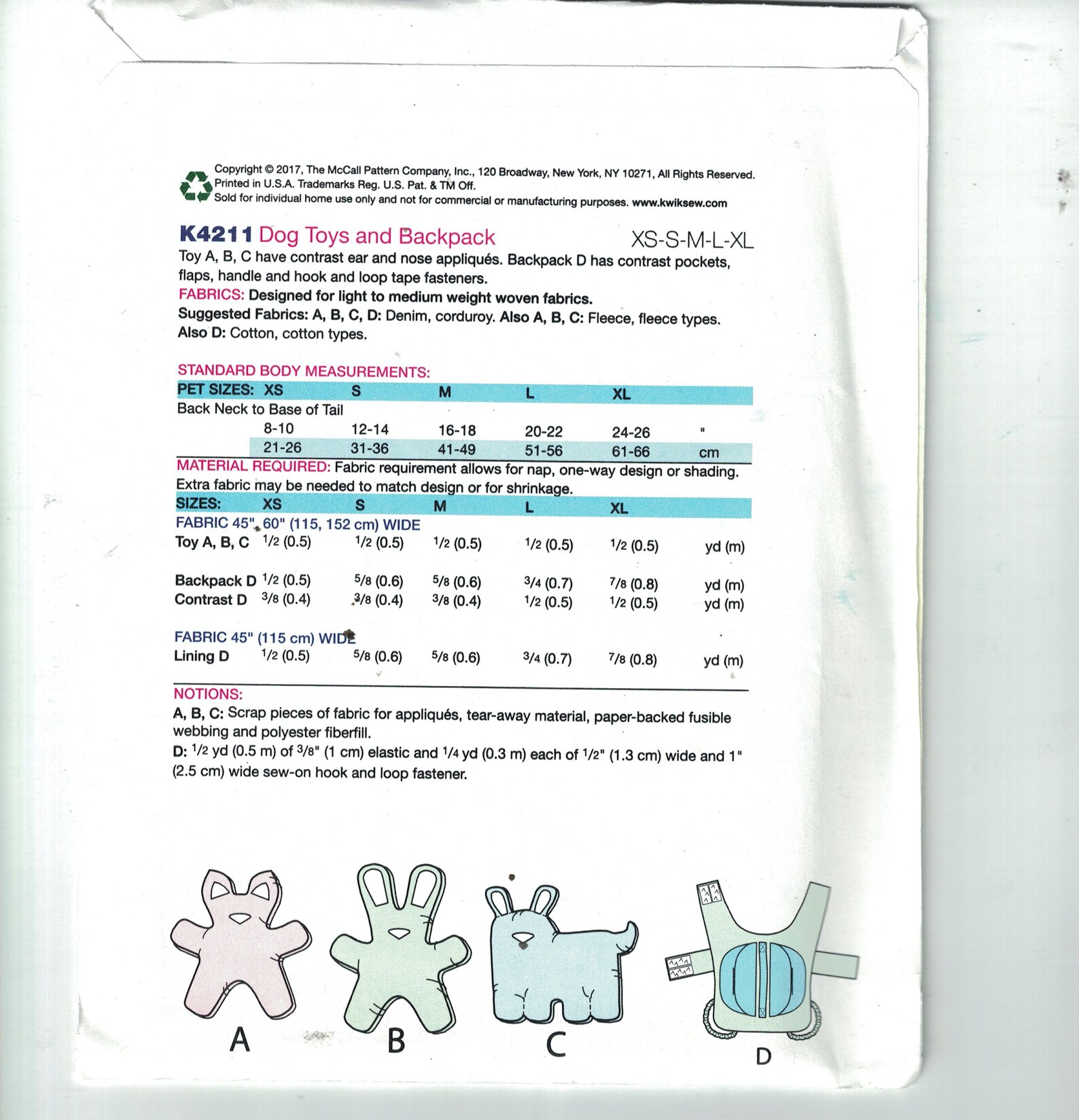 Craft Sewing Pattern Kwik Sew K4211 4211 Dog Backpack and | Etsy