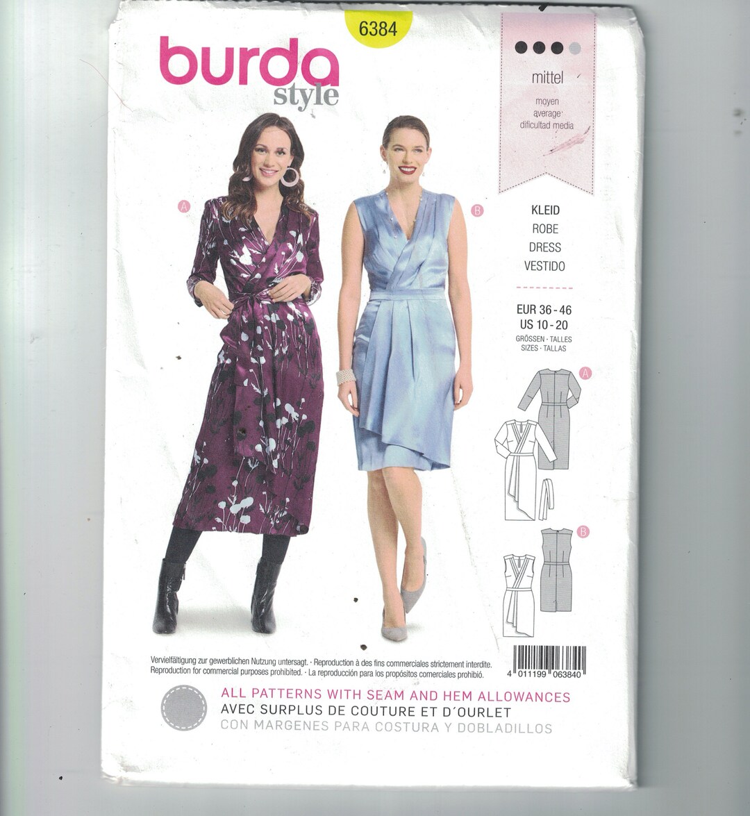 Misses Sewing Pattern Burda 6384 Misses Faux Wrap Dress Size 10 12 14 ...