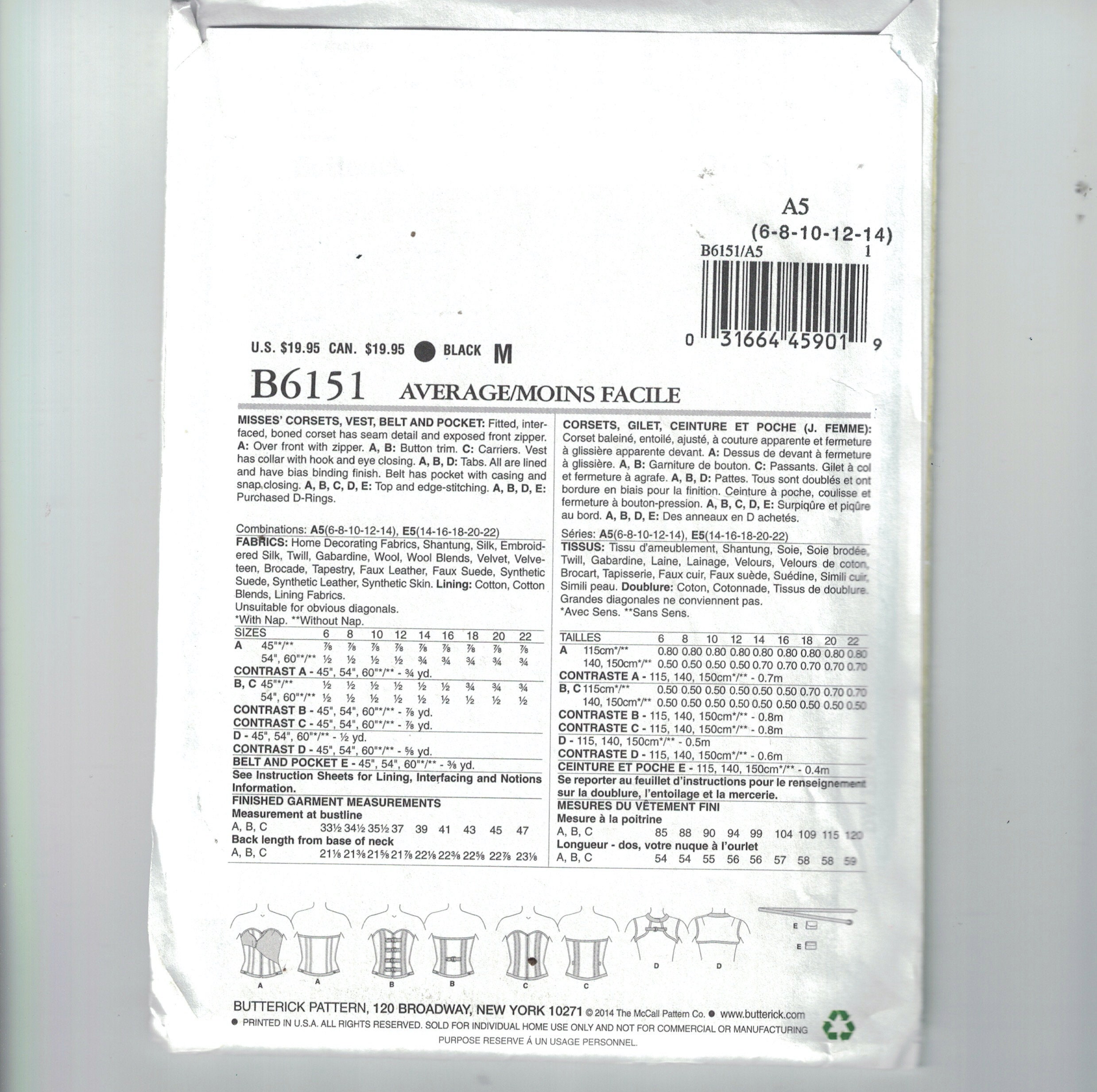 Misses Sewing Pattern Butterick B6151 6151 Corset Vest Belt Pocket ...