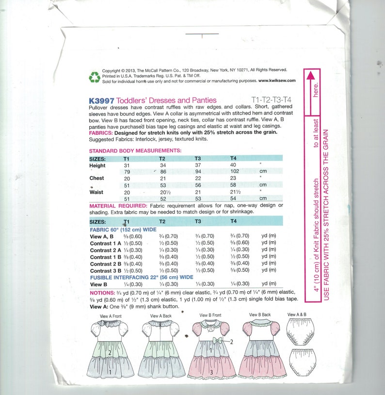 Girls Sewing Pattern Kwik Sew K3997 3997 Toddlers Dresses | Etsy