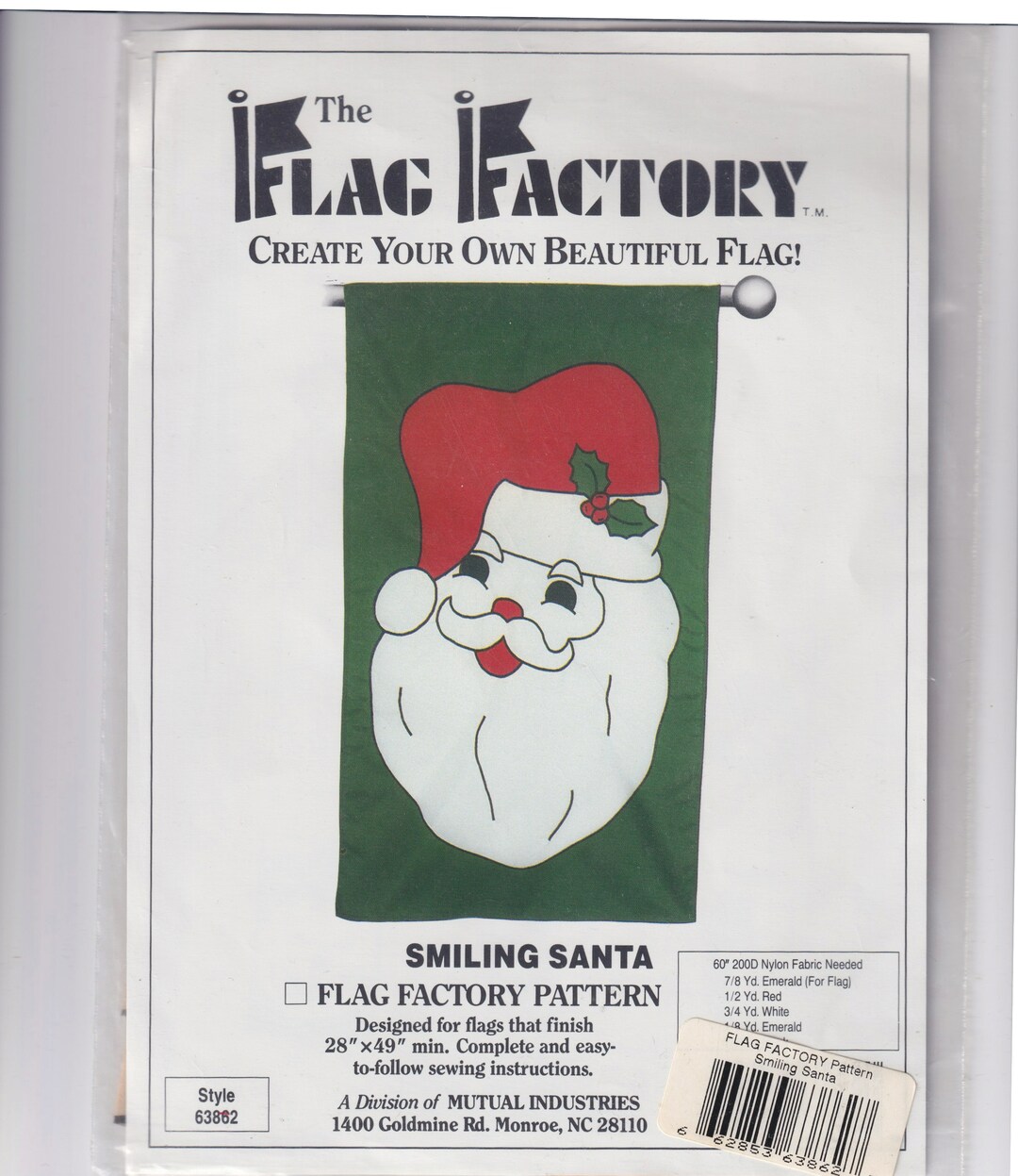 Craft Sewing Pattern Flag Factory Style 63862 Smiling Santa Christmas ...